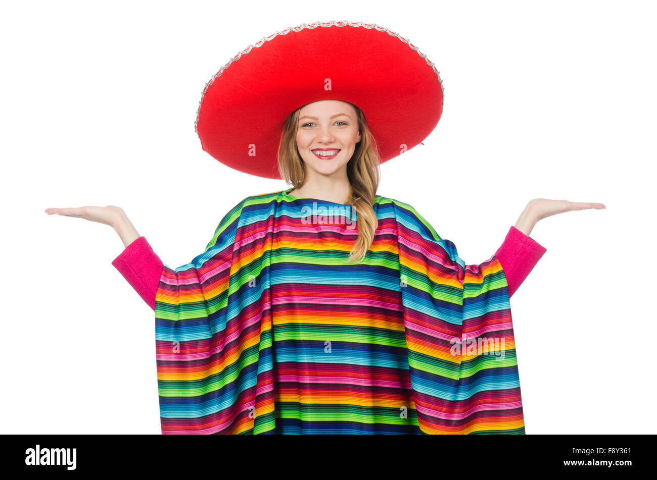 Pretty girl in mexican poncho isolated on white Stock Photo - Alamy