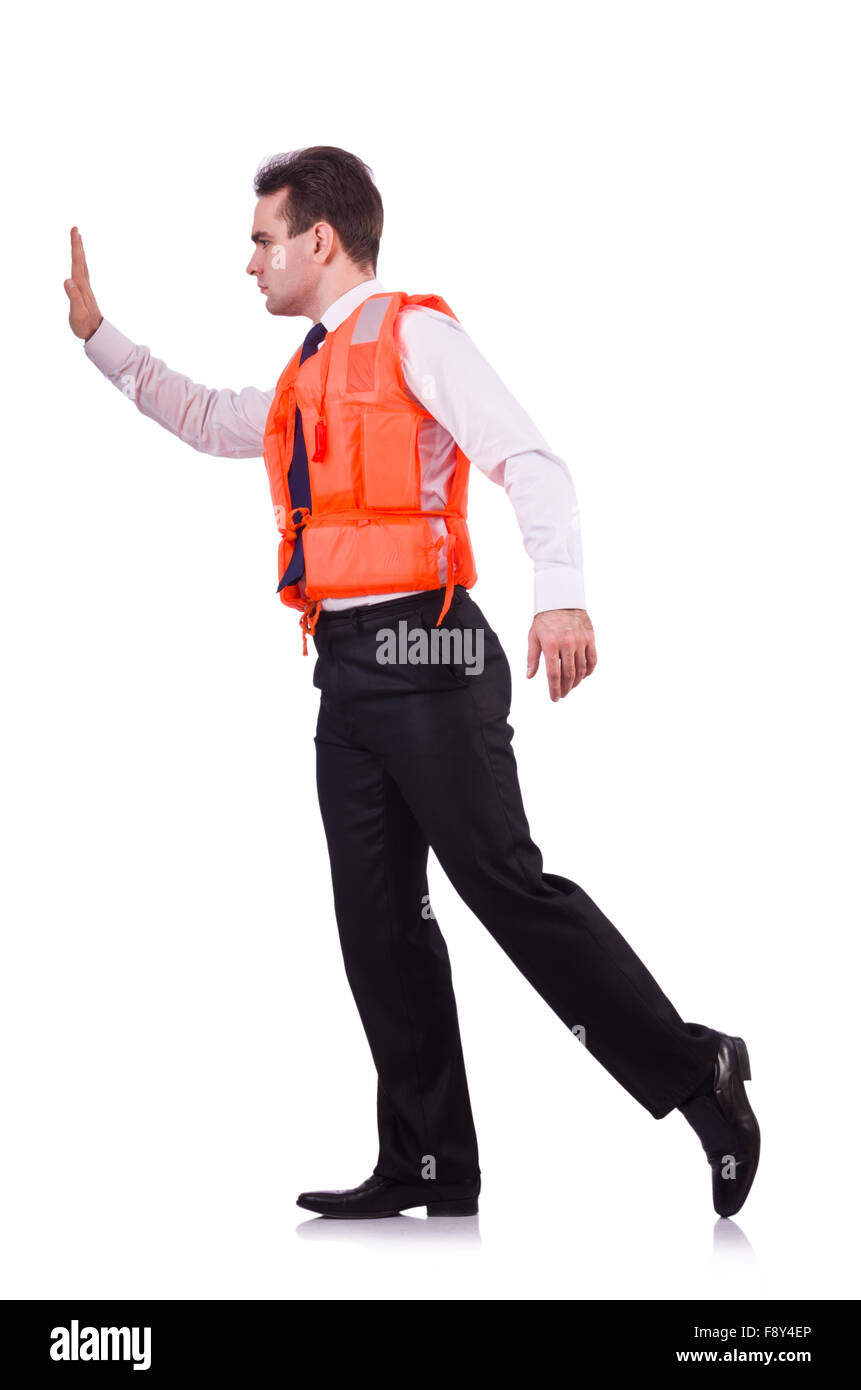 Man in life jacket isolated on white Stock Photo - Alamy