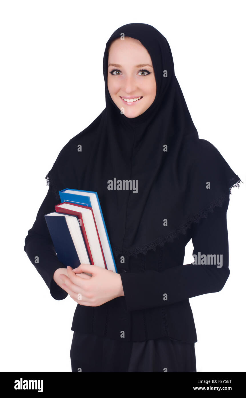 Young muslim student with books on white Stock Photo - Alamy