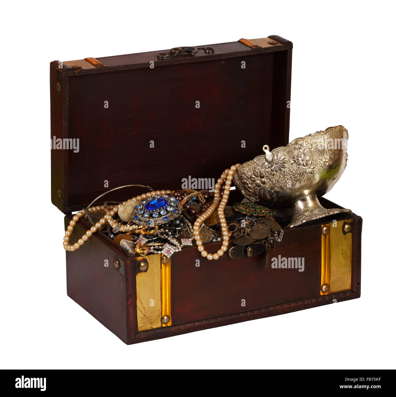 wooden treasure chest with valuables, isolated over white background ...