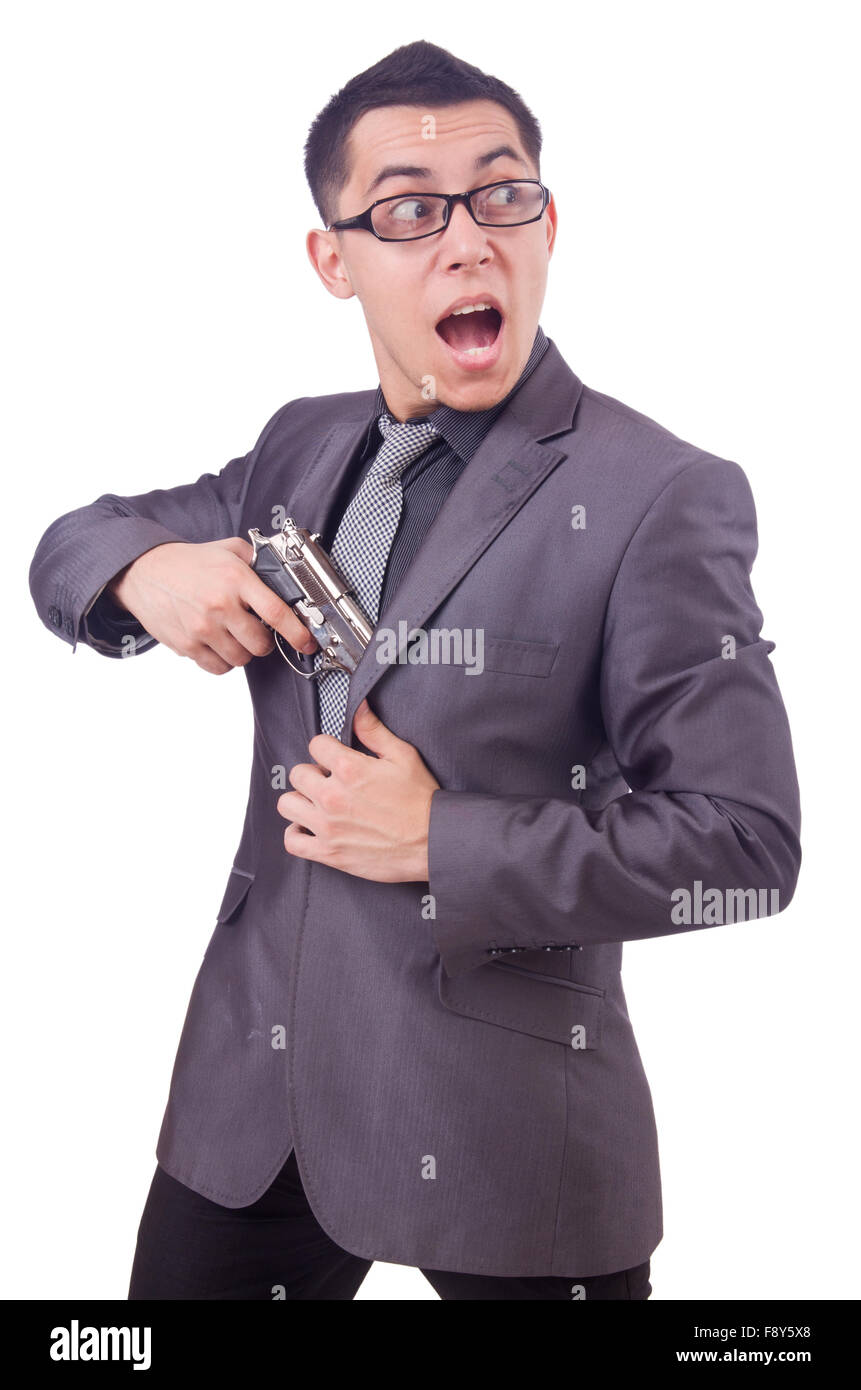 Funny businessman with gun on white Stock Photo - Alamy