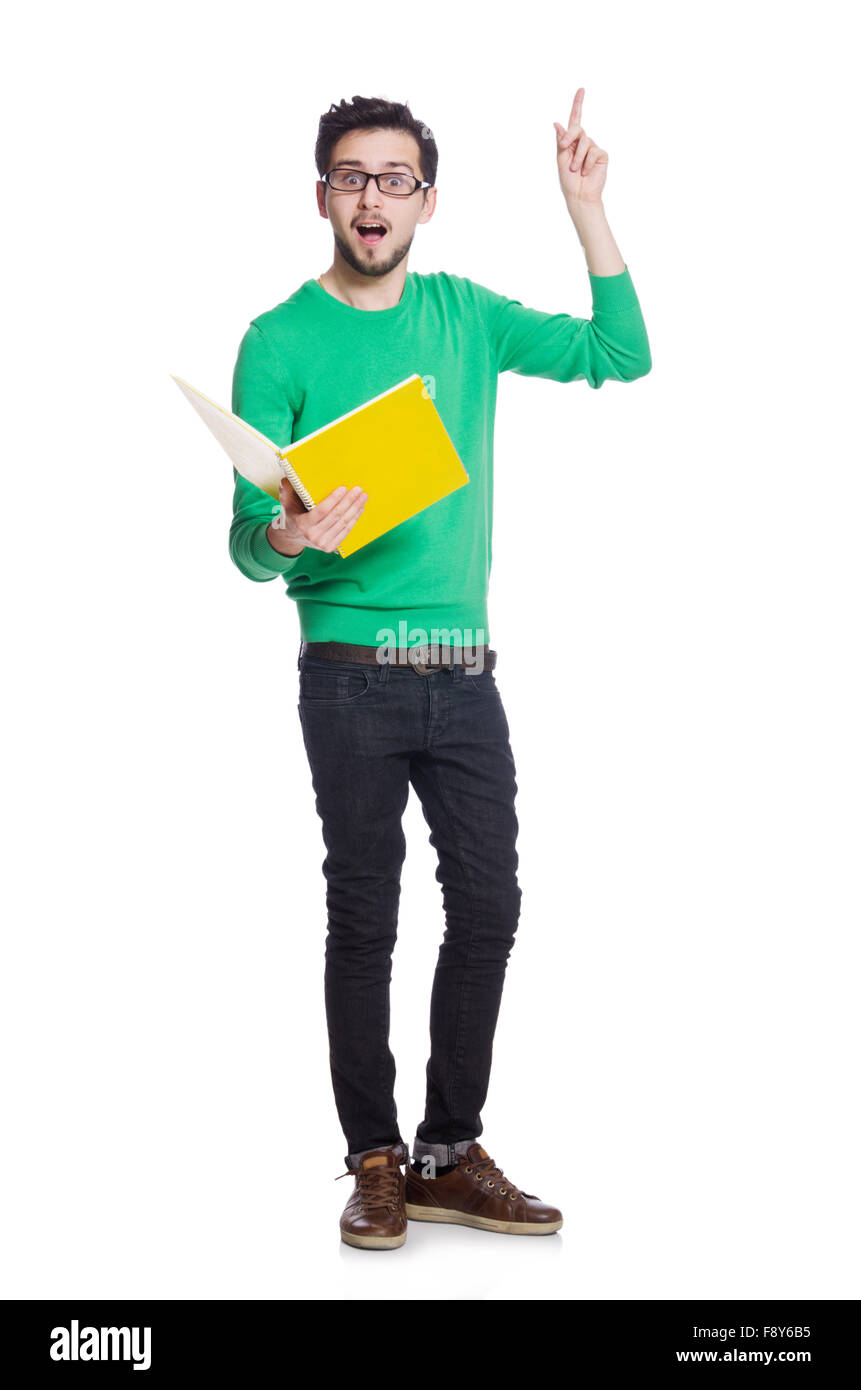 Young student with book on white Stock Photo - Alamy