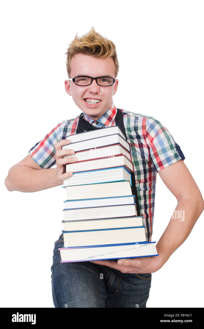 Funny student with stack of books Stock Photo - Alamy