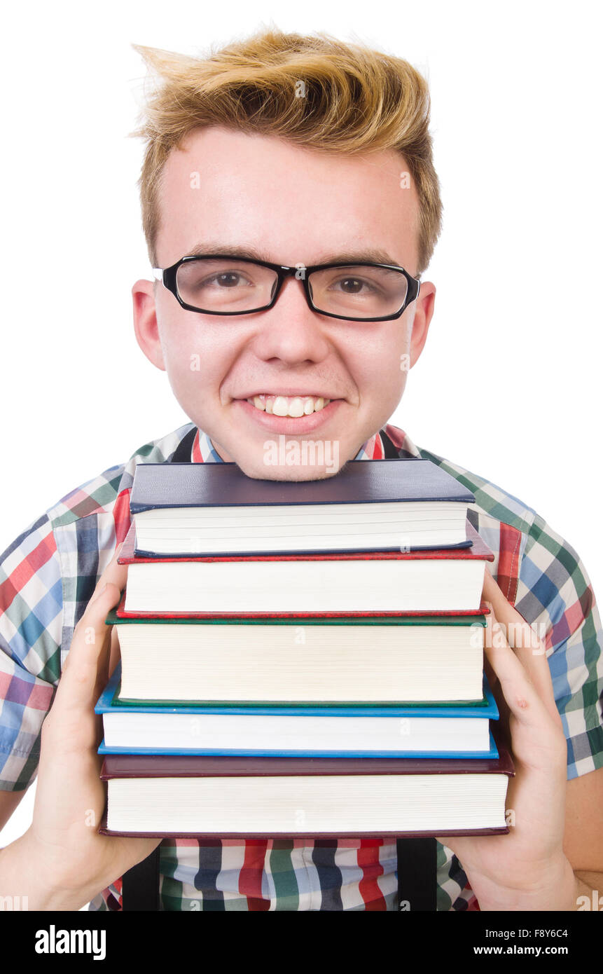 Funny student with stack of books Stock Photo - Alamy