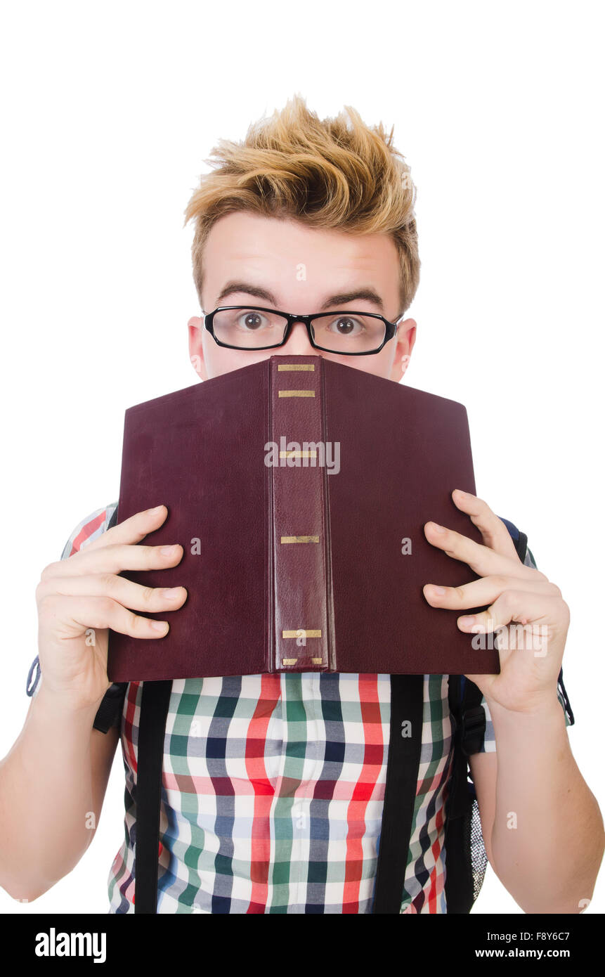 Funny student with stack of books Stock Photo - Alamy