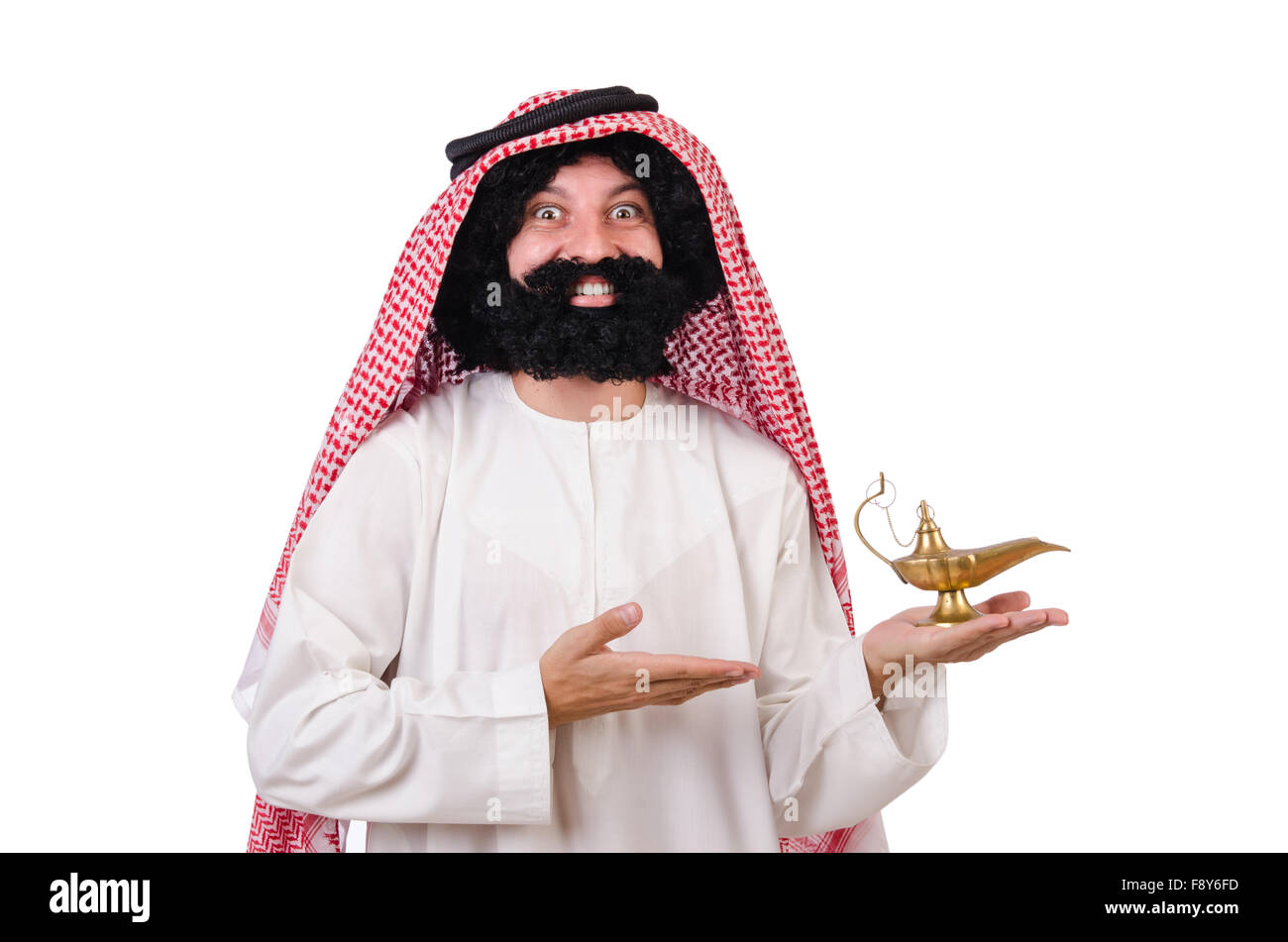 Funny arab man with lamp isolated on white Stock Photo - Alamy