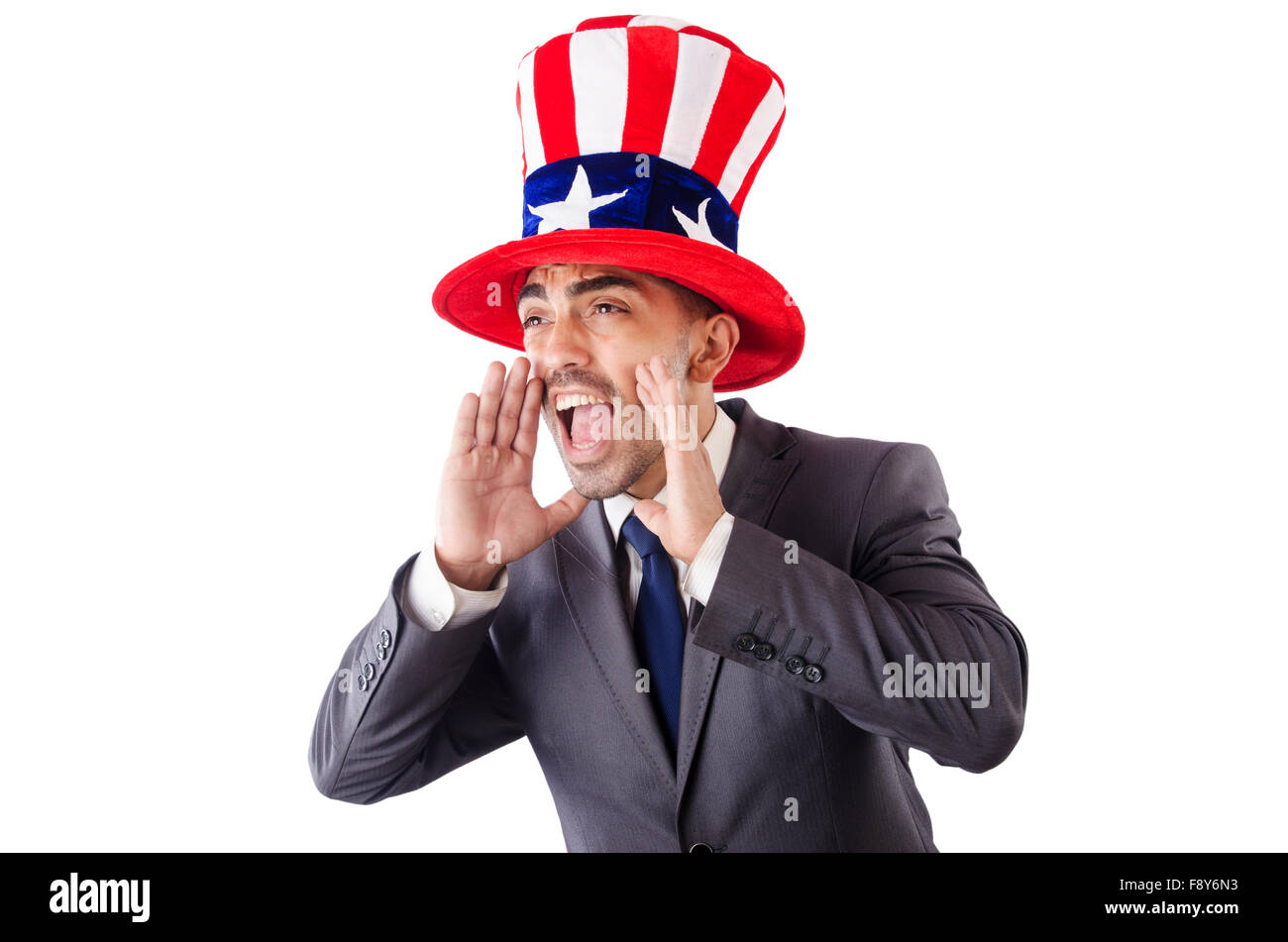 Man in american hat yelling isolated on white Stock Photo - Alamy