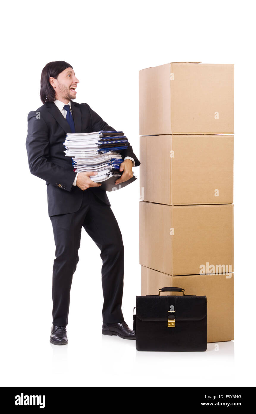 Man with boxes full of work Stock Photo - Alamy