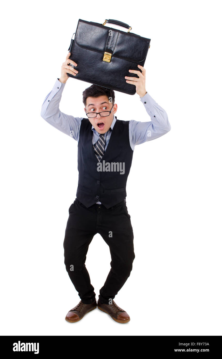 Funny businessman with briefcase isolated on white Stock Photo - Alamy