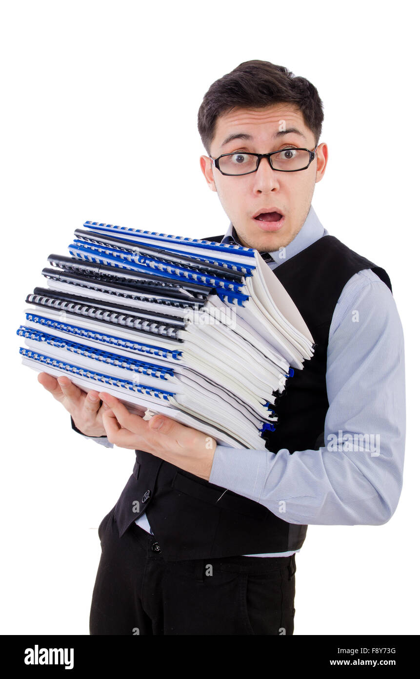 Funny man with lots of folders on white Stock Photo - Alamy