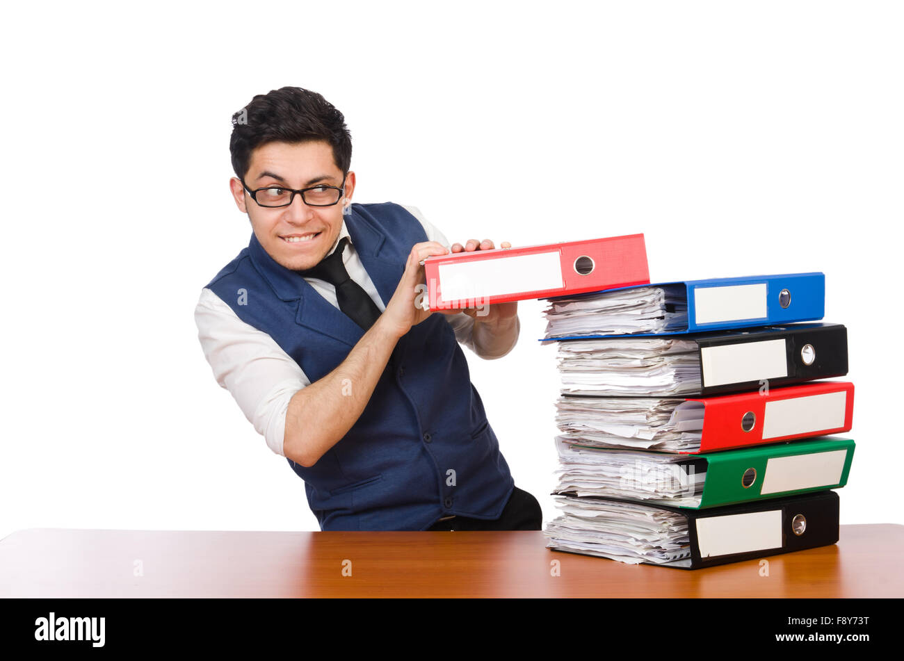 Funny man with lots of folders on white Stock Photo - Alamy