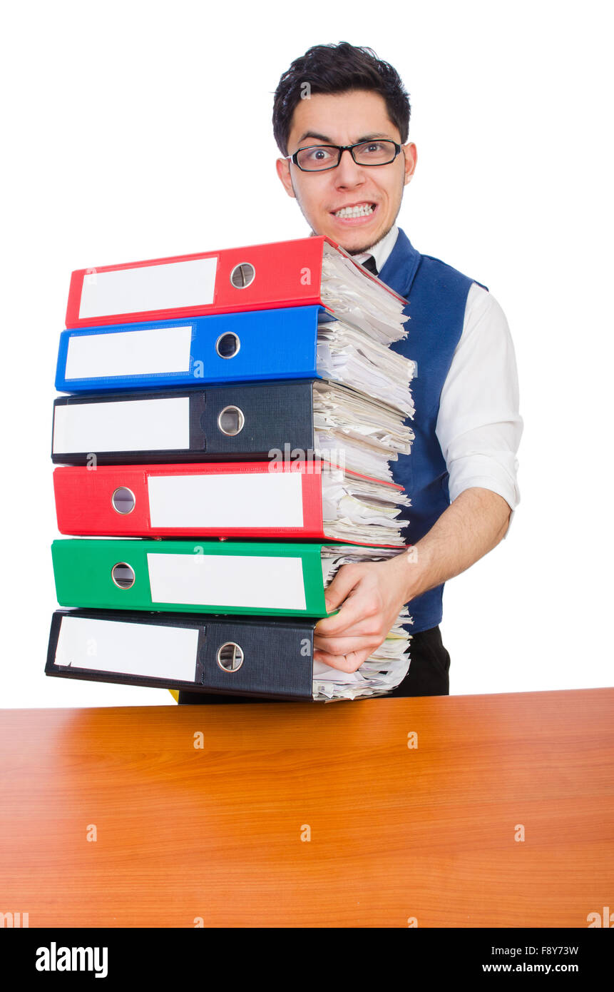 Funny man with lots of folders on white Stock Photo - Alamy