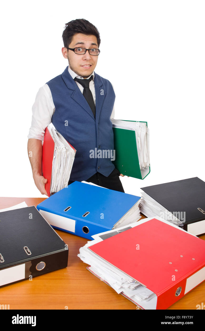Funny man with lots of folders on white Stock Photo - Alamy