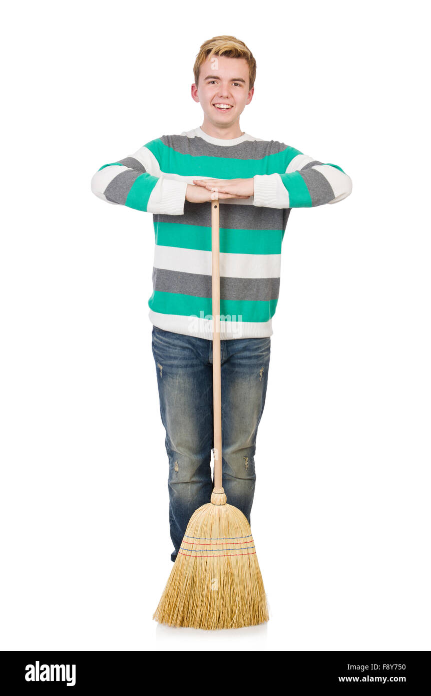 Funny man with mop isolated on white Stock Photo - Alamy