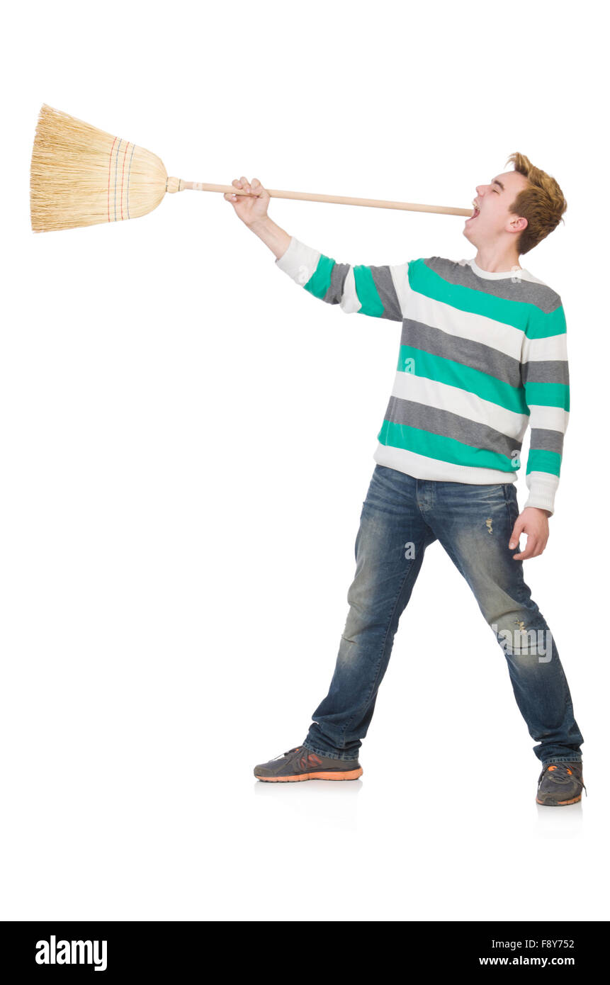 Funny man with mop isolated on white Stock Photo - Alamy
