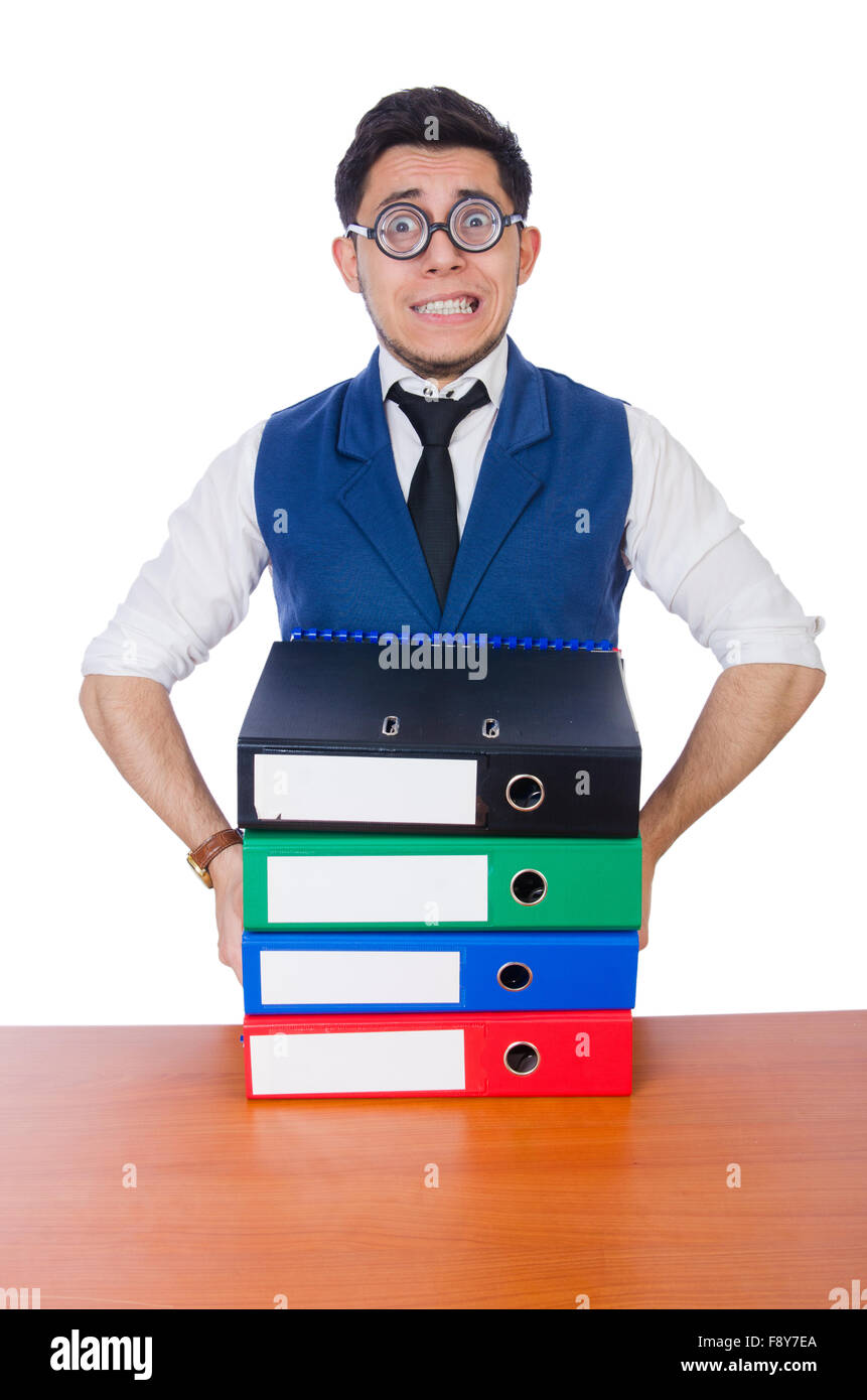 Funny man with lots of folders on white Stock Photo - Alamy