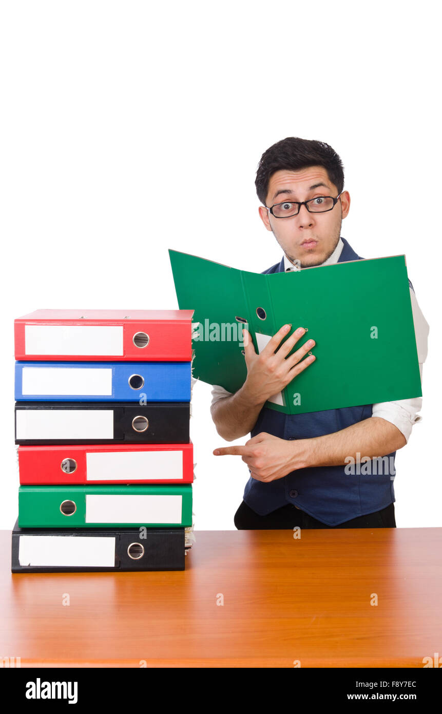 Funny man with lots of folders on white Stock Photo - Alamy