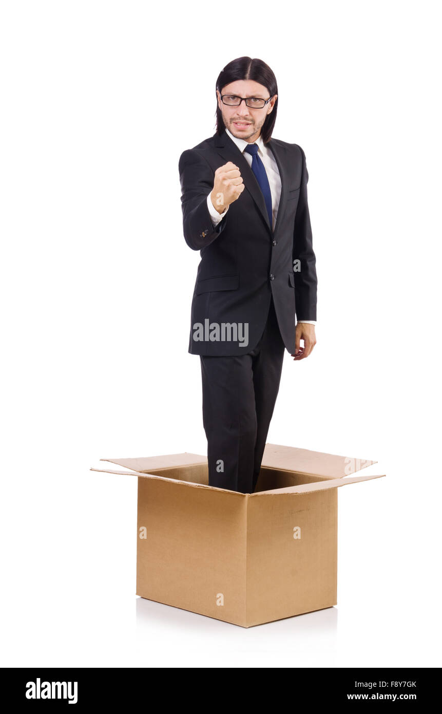 Man in thinking out of the box concept Stock Photo - Alamy