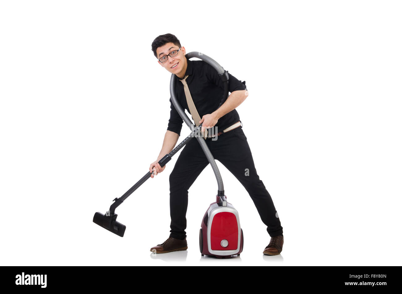 Man with vacuum cleaner isolated on white Stock Photo - Alamy