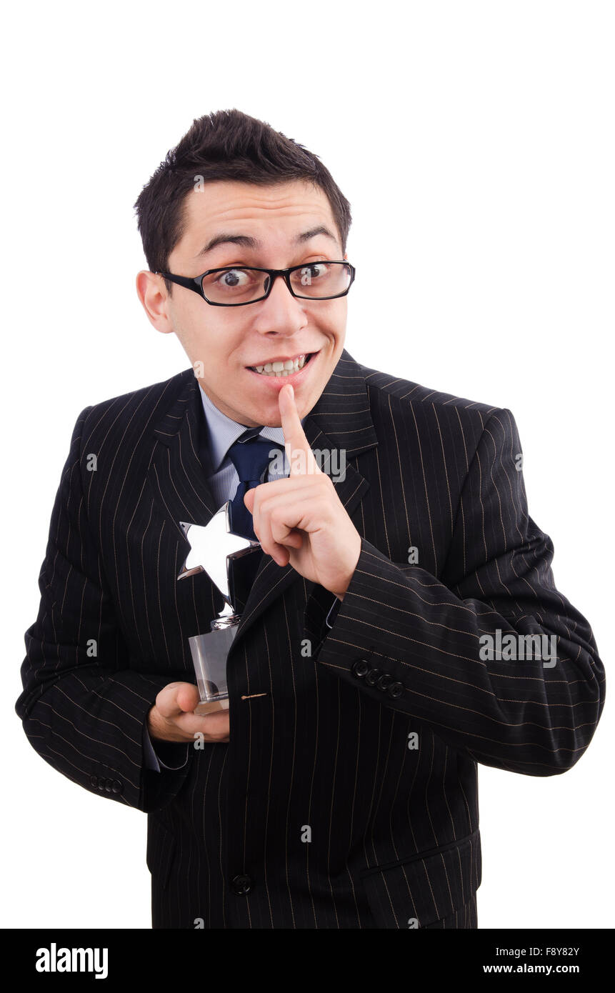 Funny guy receiving award on white Stock Photo - Alamy