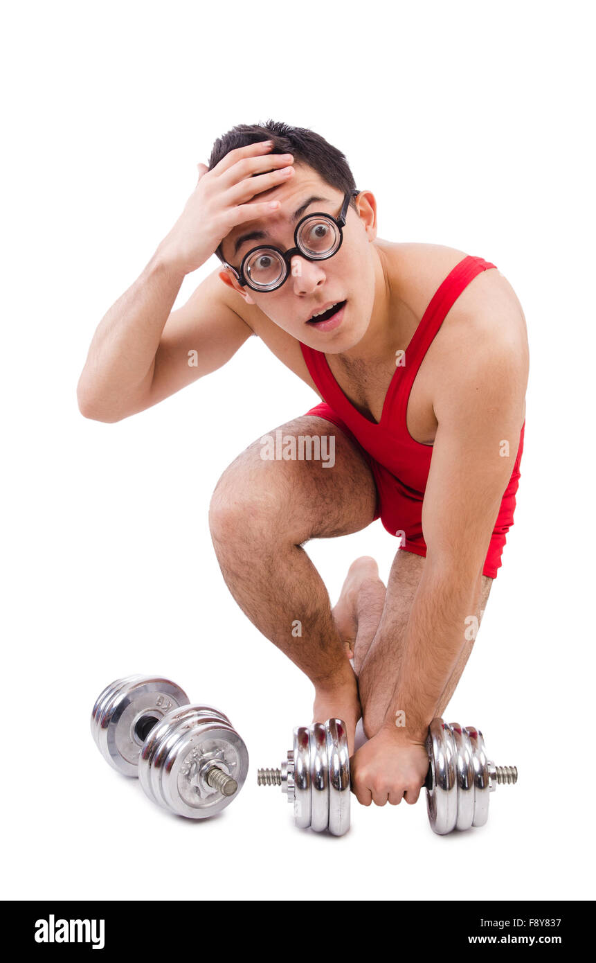 Funny guy with dumbbels on white Stock Photo - Alamy