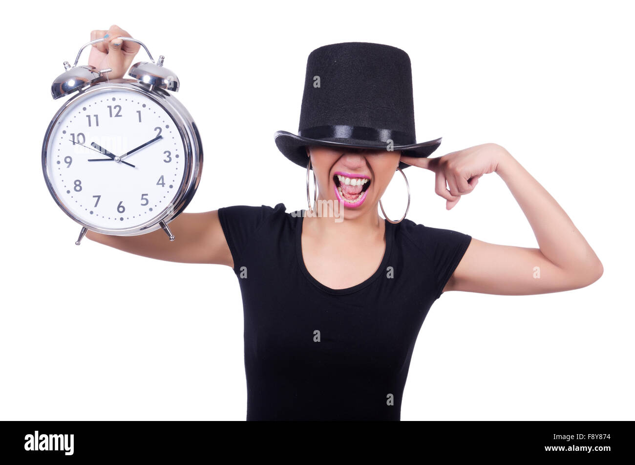 Young woman with clock isolated on white Stock Photo - Alamy