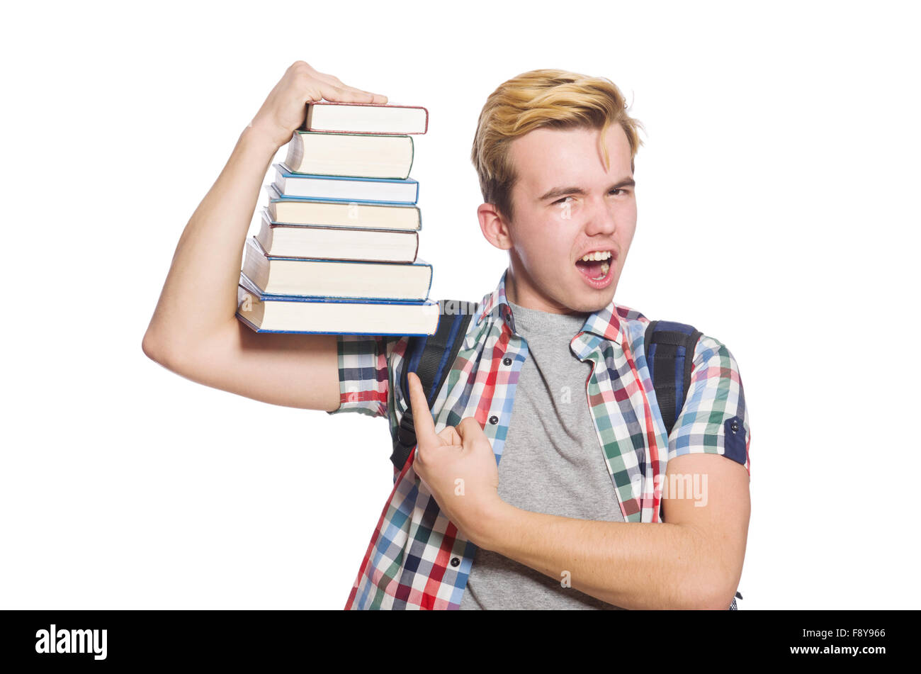 Funny student with stack of books Stock Photo - Alamy