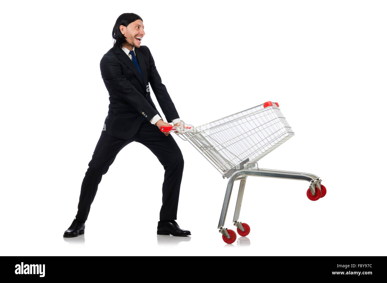 Man shopping with supermarket basket cart isolated on white Stock Photo ...