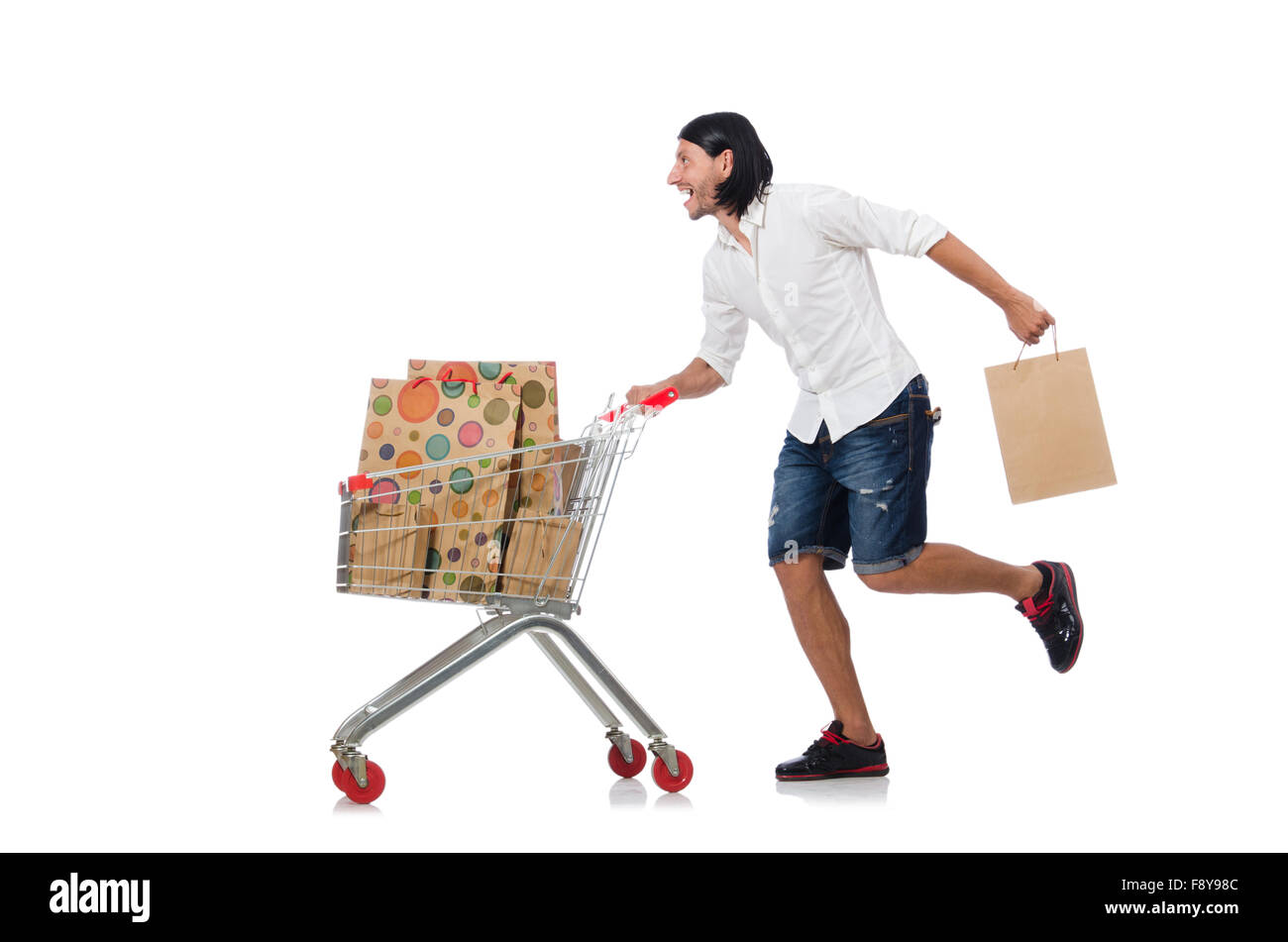 Man shopping with supermarket basket cart isolated on white Stock Photo ...