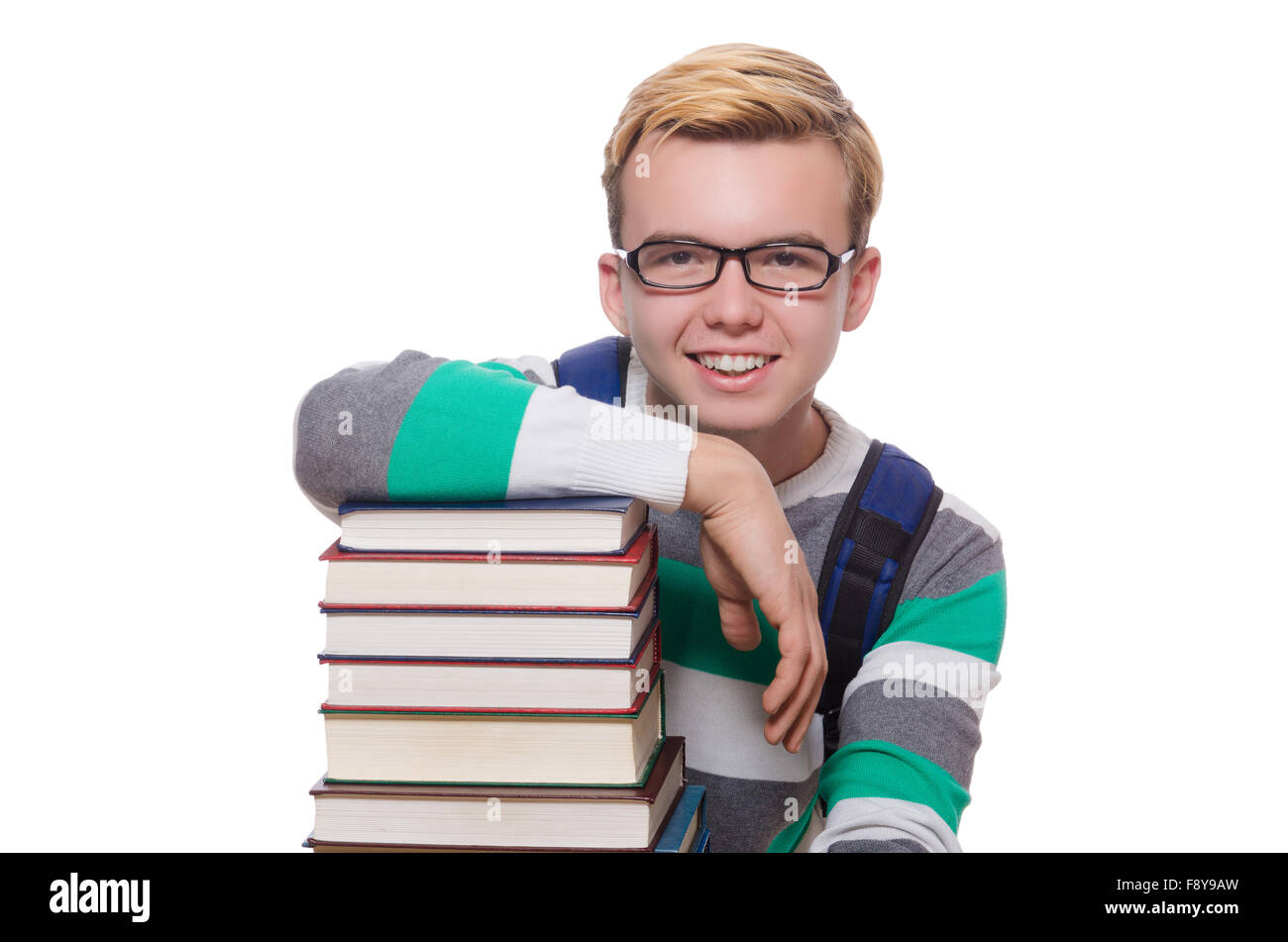 Funny student with stack of books Stock Photo - Alamy