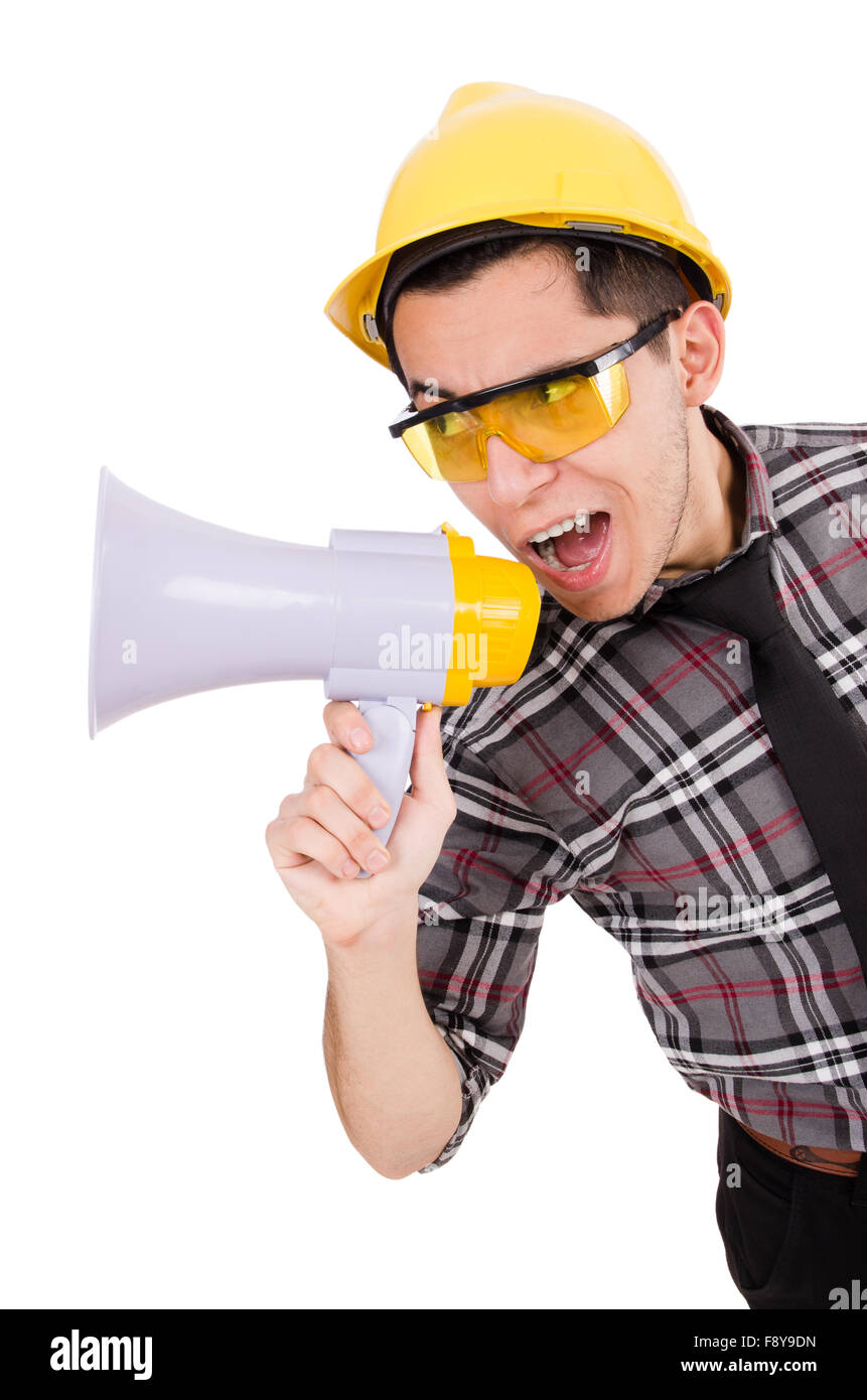 Construction supervisor shouting at megaphone Stock Photo - Alamy