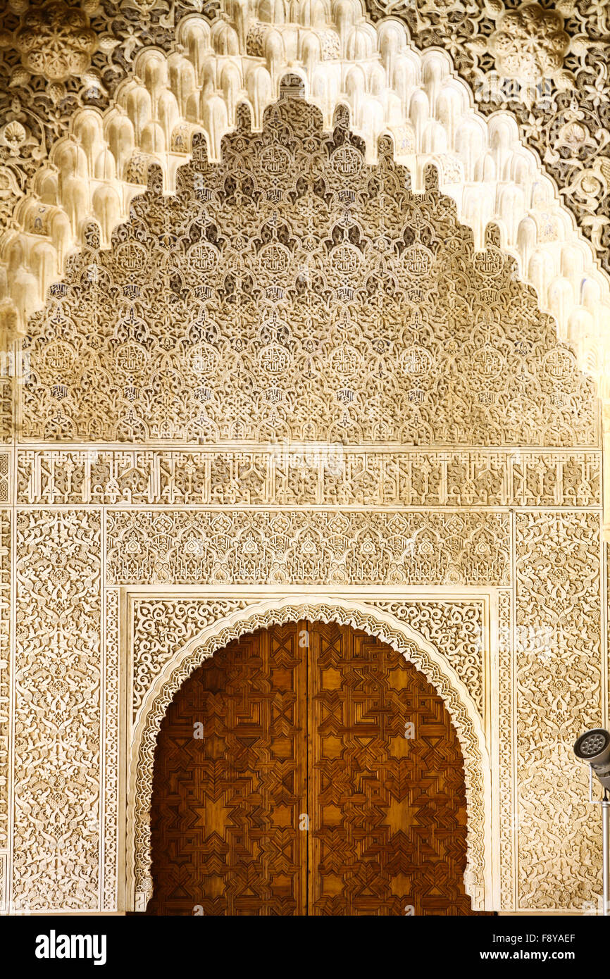Close up shot of some Arabic decorations at the Alhambra palace in ...