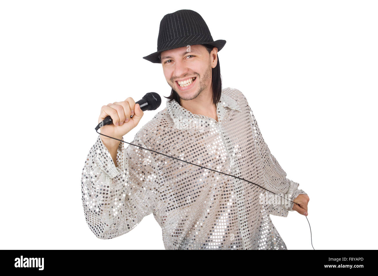 Man with mic isolated on white Stock Photo - Alamy