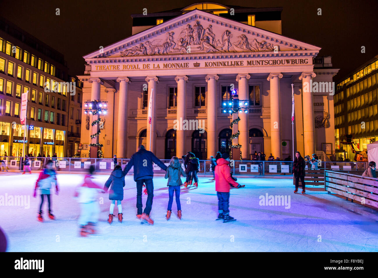 Christmas time in Brussels, Belgium, ice rink on Place de la Monnaie ...