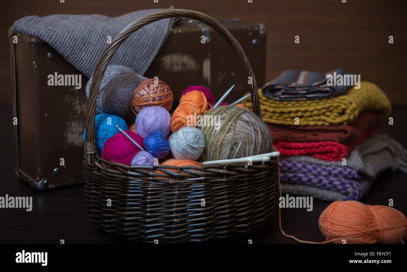 Handmade knitted things using knitting needles and crochet Stock Photo ...