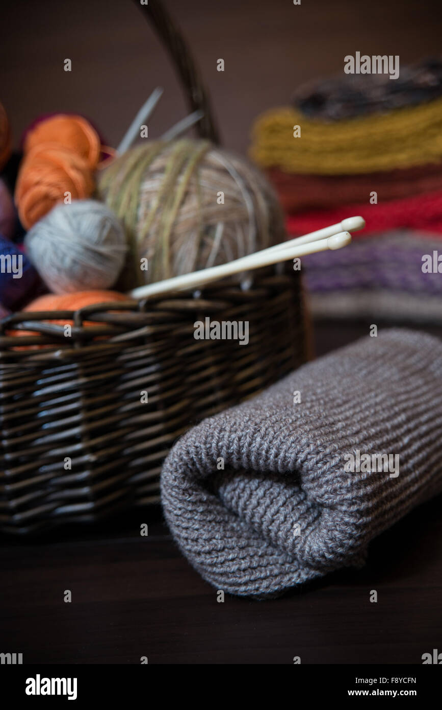Handmade knitted things using knitting needles and crochet Stock Photo ...