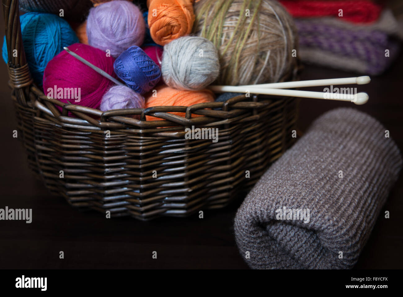 Handmade knitted things using knitting needles and crochet Stock Photo ...