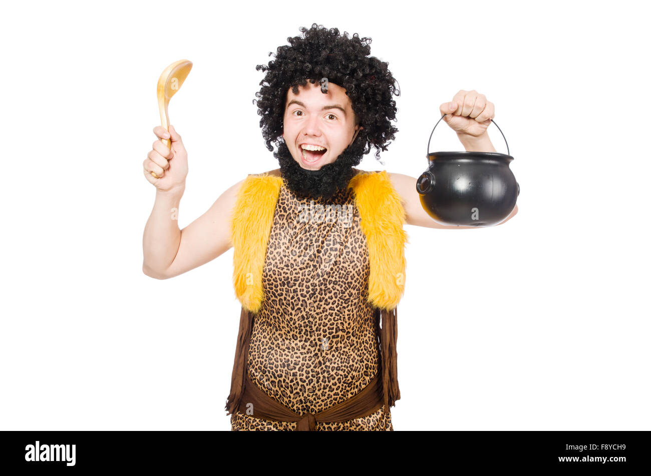 Funny caveman with pot isolated on white Stock Photo - Alamy