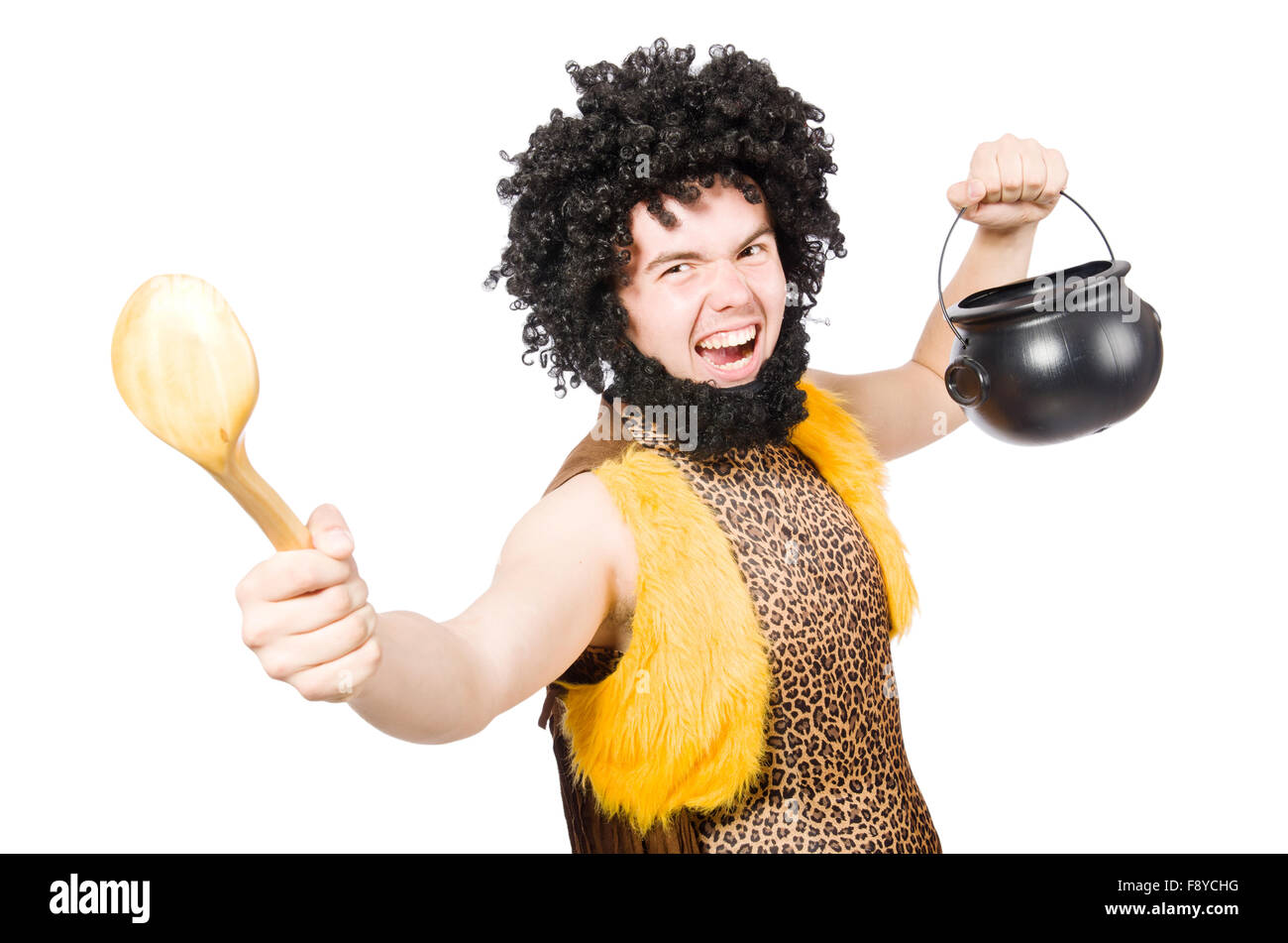 Funny caveman with pot isolated on white Stock Photo - Alamy