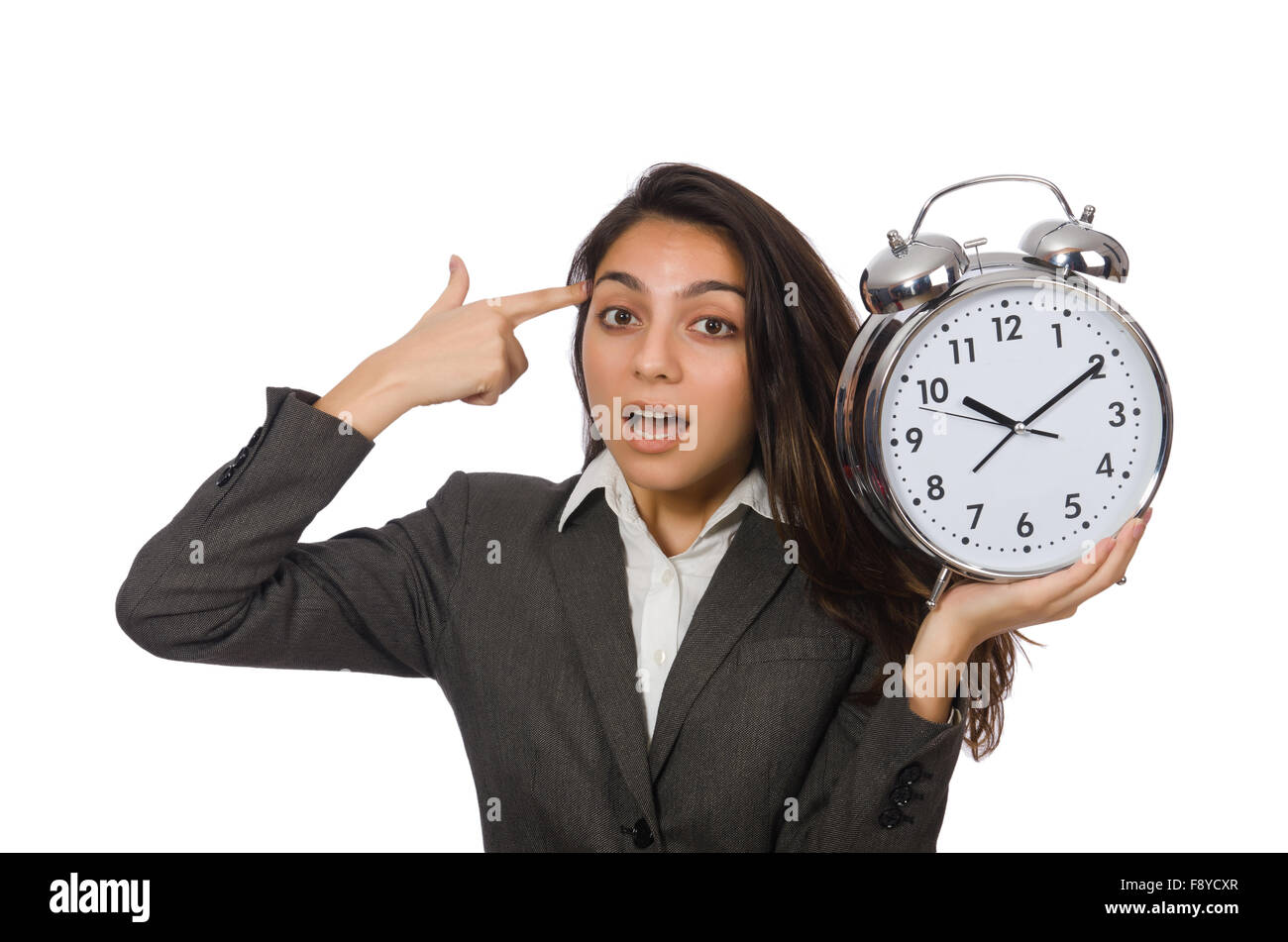 Businesswoman with clock missing her deadlines Stock Photo - Alamy