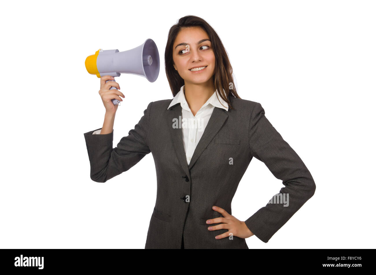 Woman with loudspeaker on white Stock Photo - Alamy