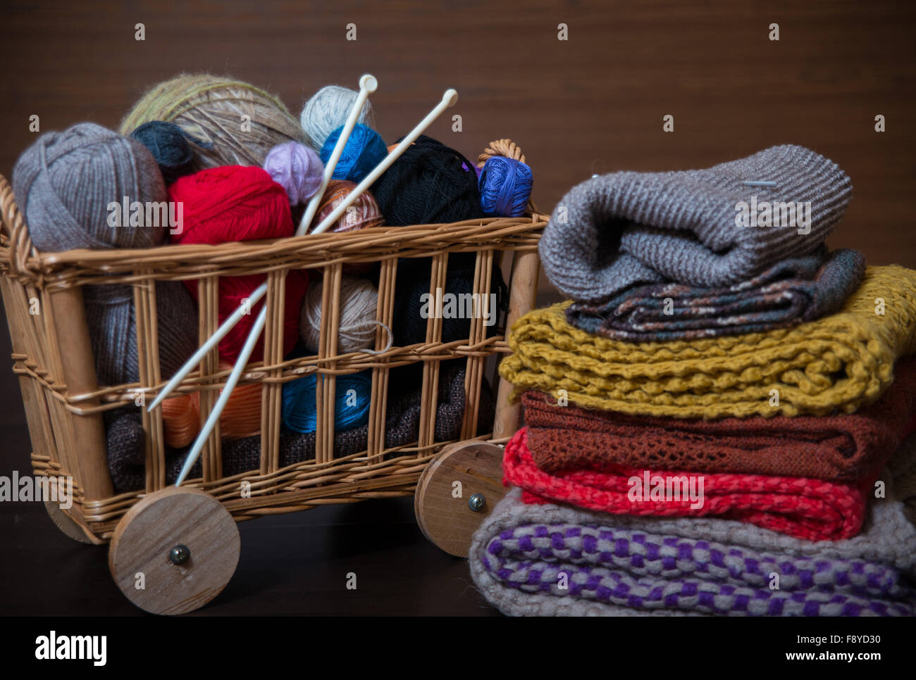 Handmade knitted things using knitting needles and crochet Stock Photo ...