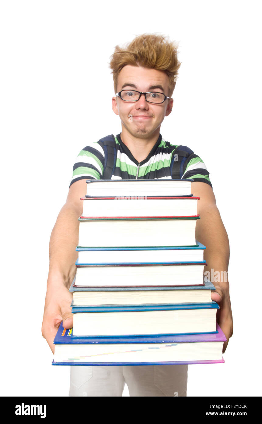 Funny student with stack of books Stock Photo - Alamy