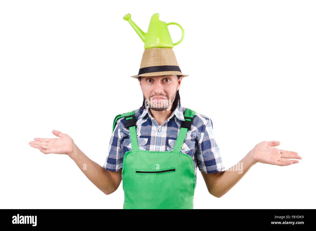 Funny gardener with watering can isolated on white Stock Photo - Alamy