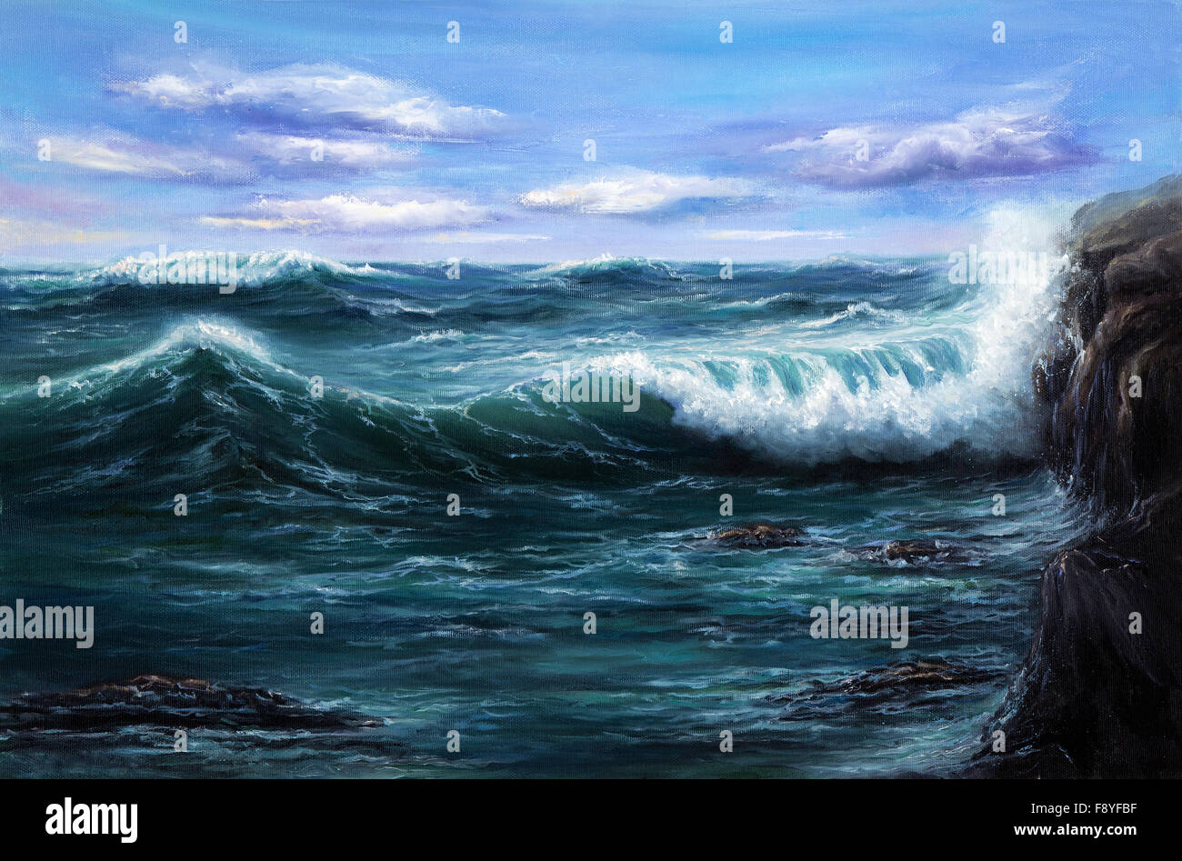 Original oil painting showing mighty storm in ocean or sea on canvas ...