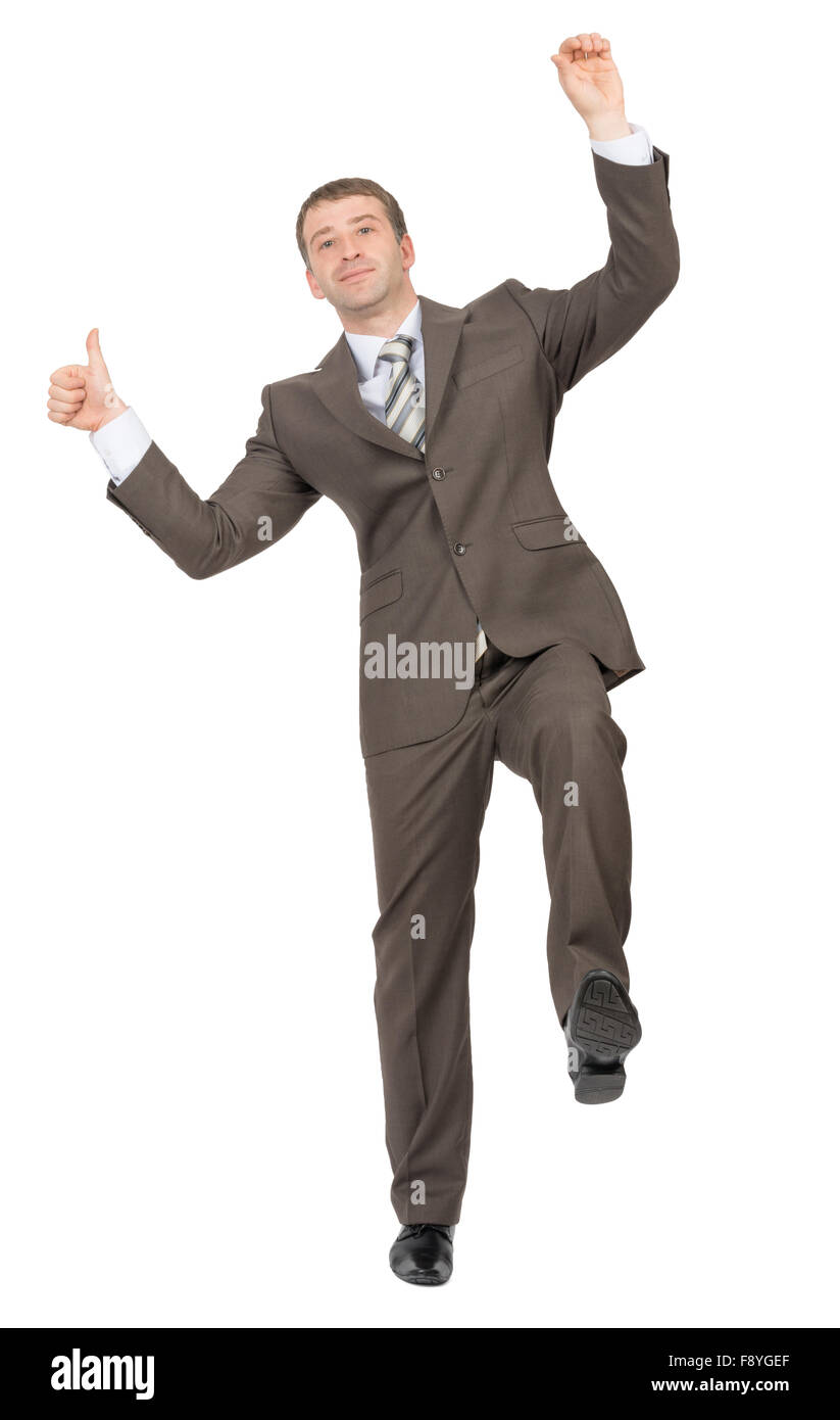 Businessman standing on one leg, white background Stock Photo - Alamy