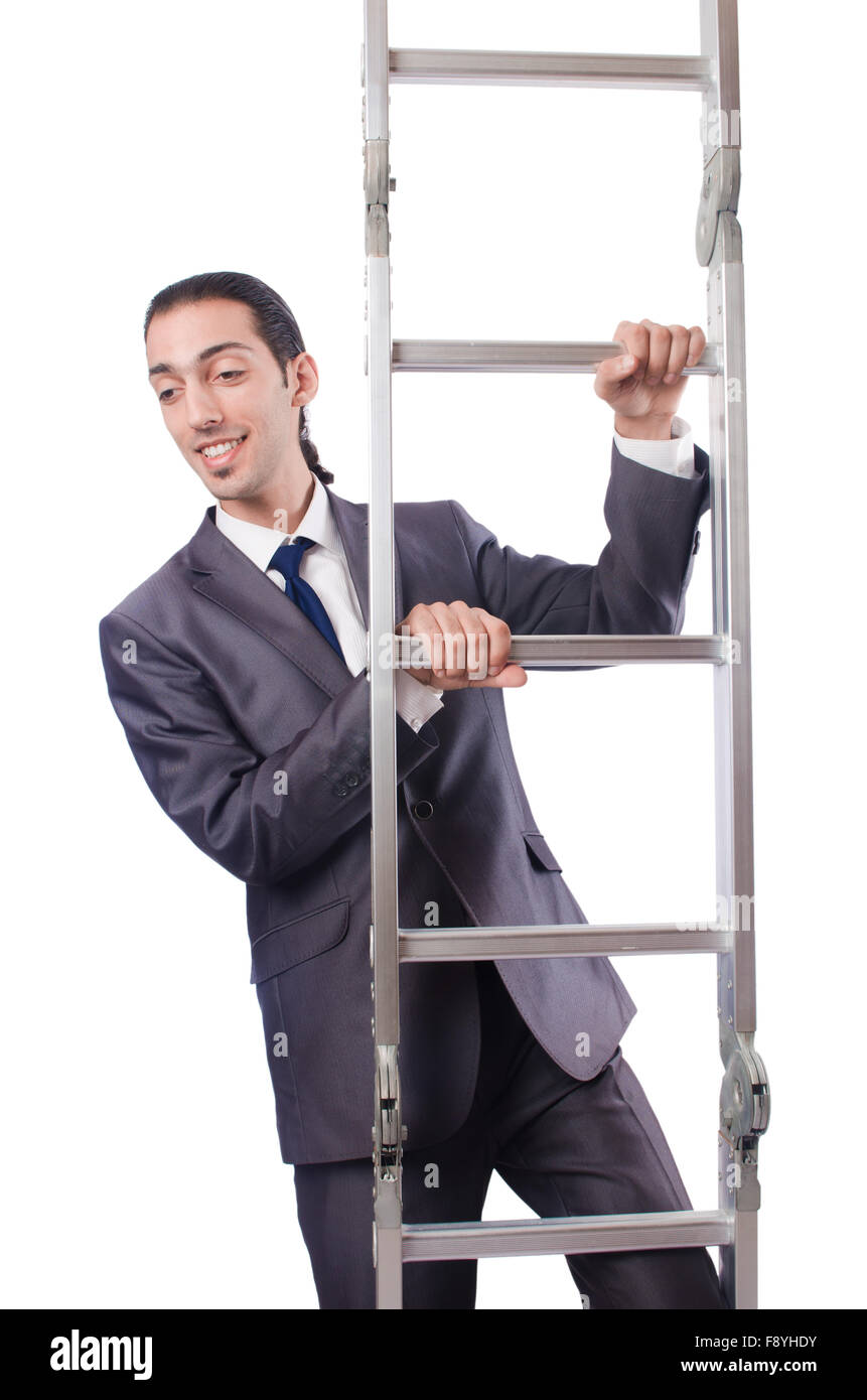Businessman climbing the ladder isolated on white Stock Photo - Alamy