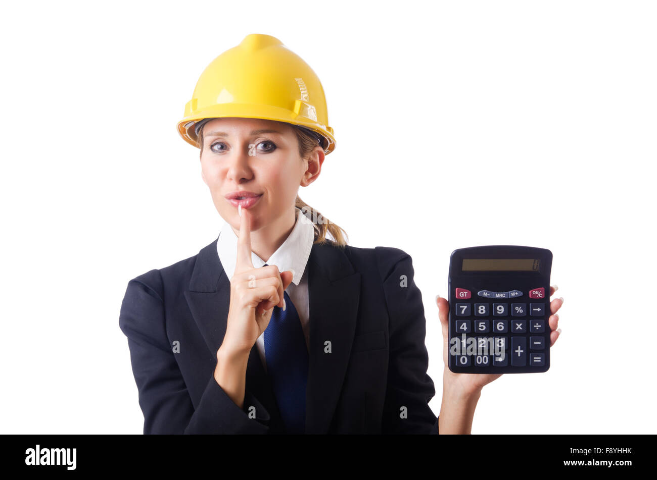 Female construction worker with calculator Stock Photo - Alamy