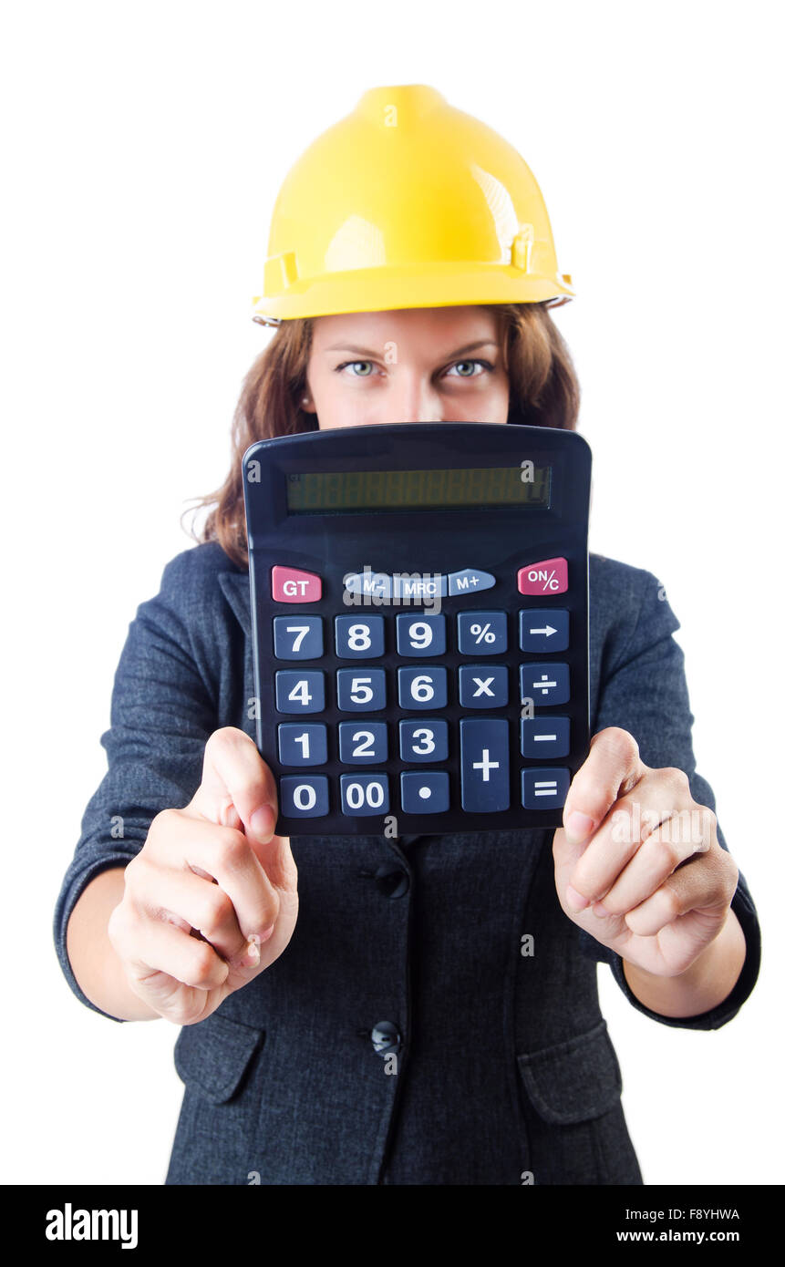 Female builder with calculator on white Stock Photo - Alamy