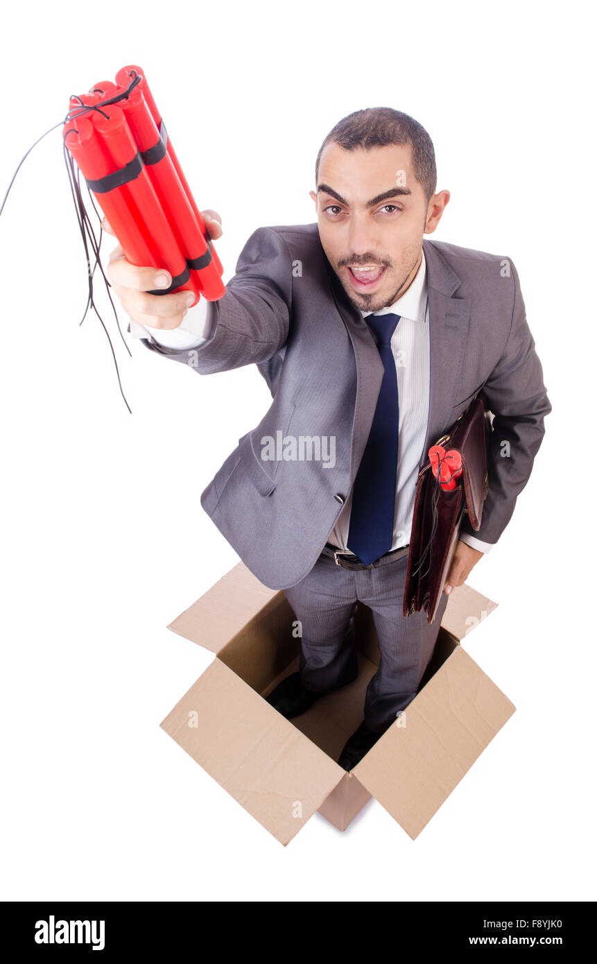 Businessman with dynamite isolated on white Stock Photo - Alamy